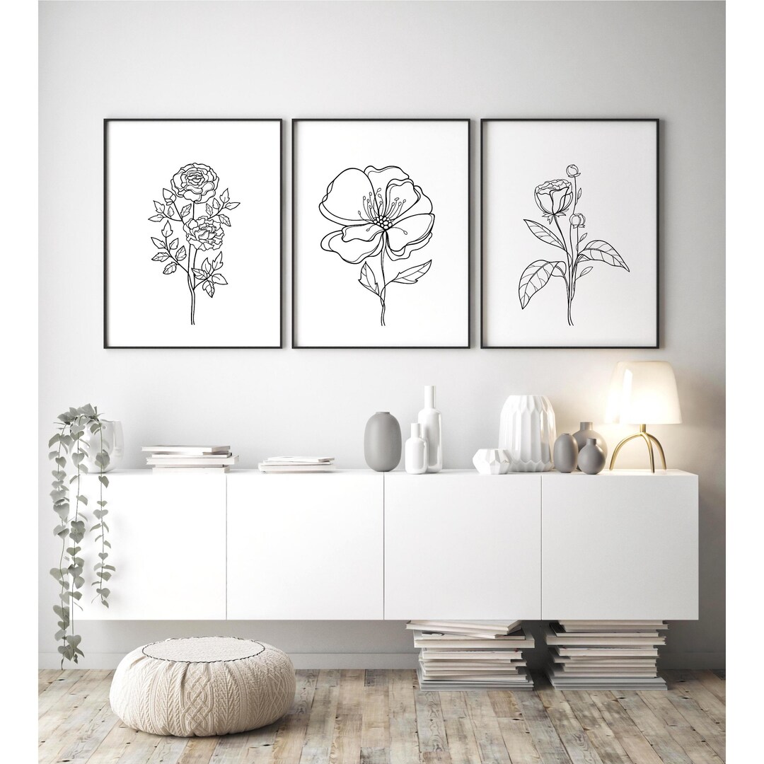 3 Piece Wall Art, Flower Line Art, Line Art Set of 3, Line Art ...