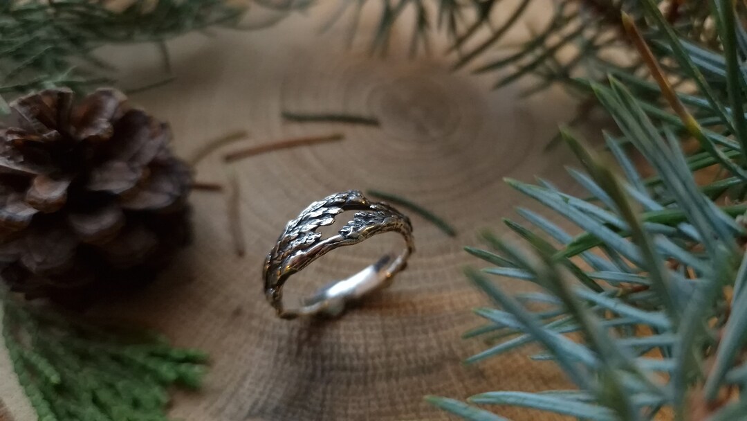Silver Forest Ring With Cedar Branches. Botanical Ring With Leaves ...