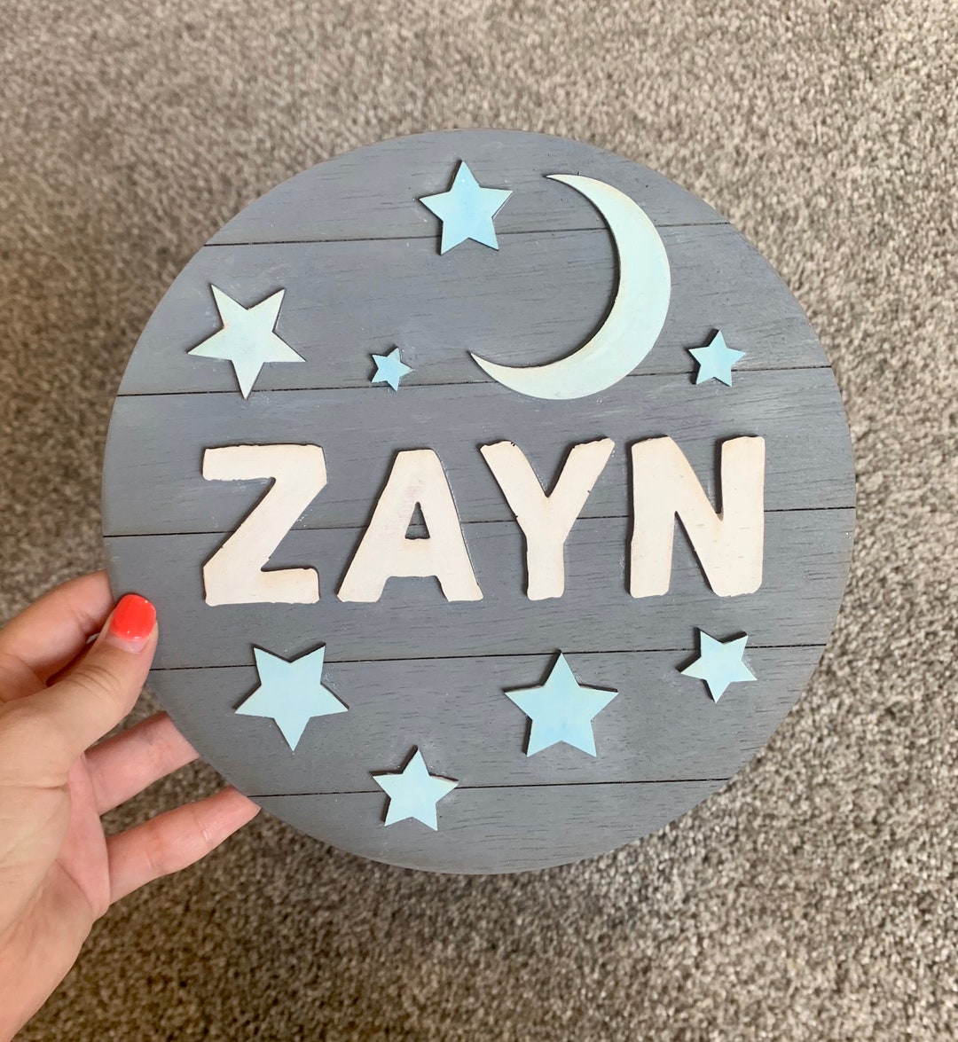 Moon and Stars Name Plate Wooden Circle Sign - Etsy