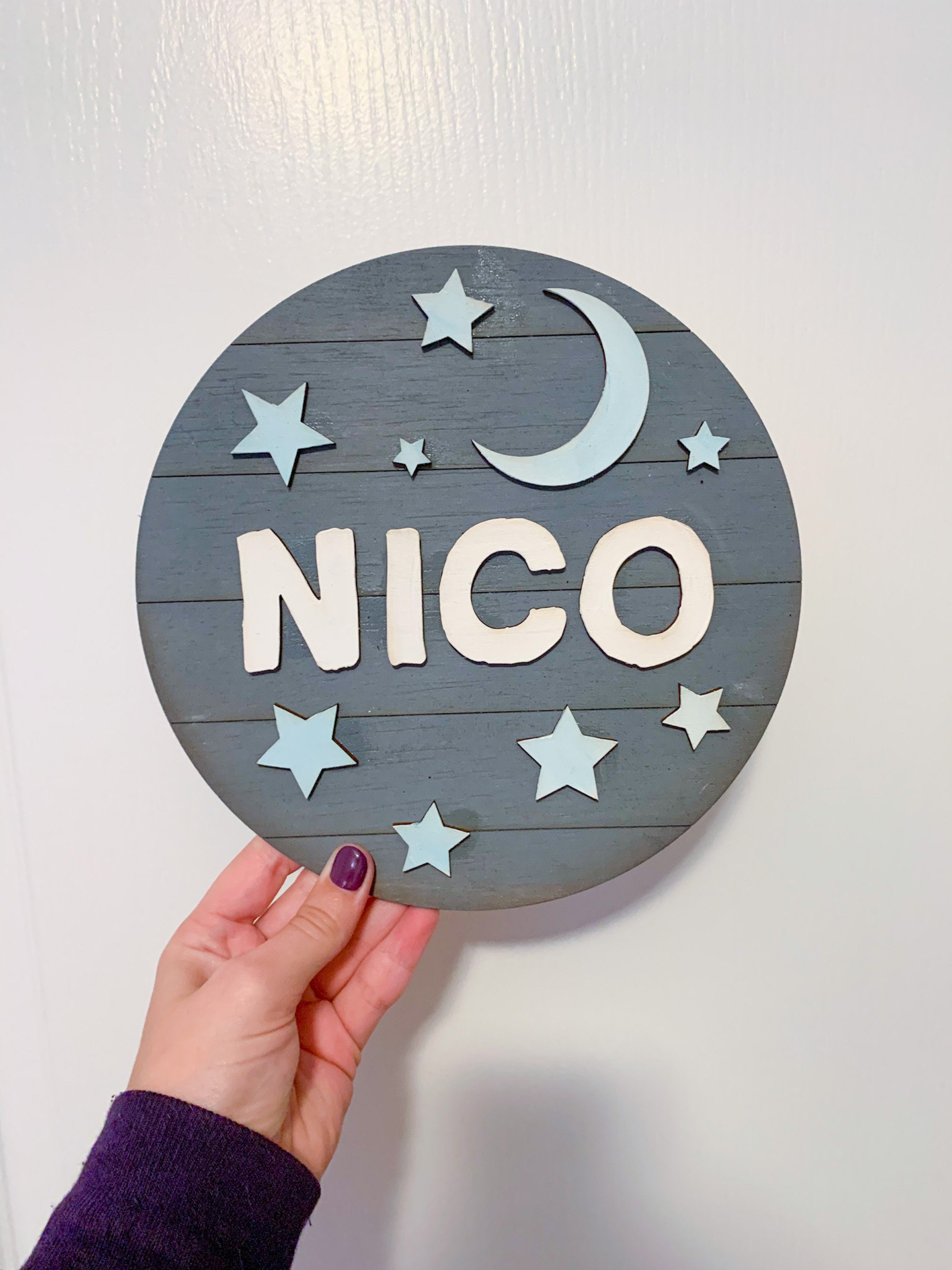 Moon and Stars Name Plate Wooden Circle Sign - Etsy