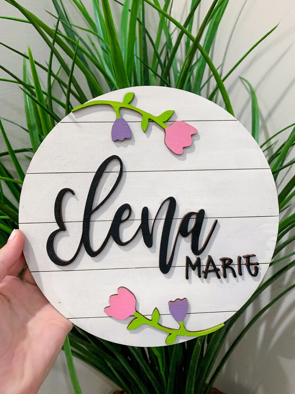 Pretty Flowers Name Plate Wooden Circle Sign | Etsy