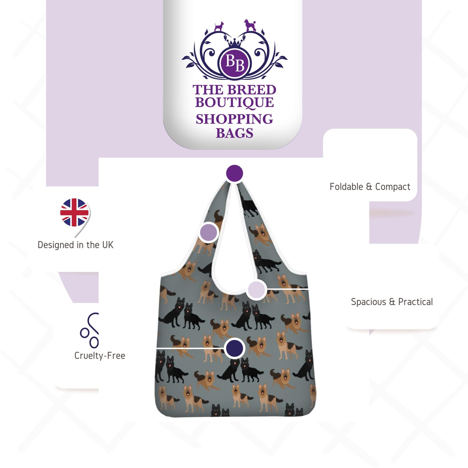 German Shepherd Foldaway Shopping Bag Black and Black Tan Dog Tote Gift ...