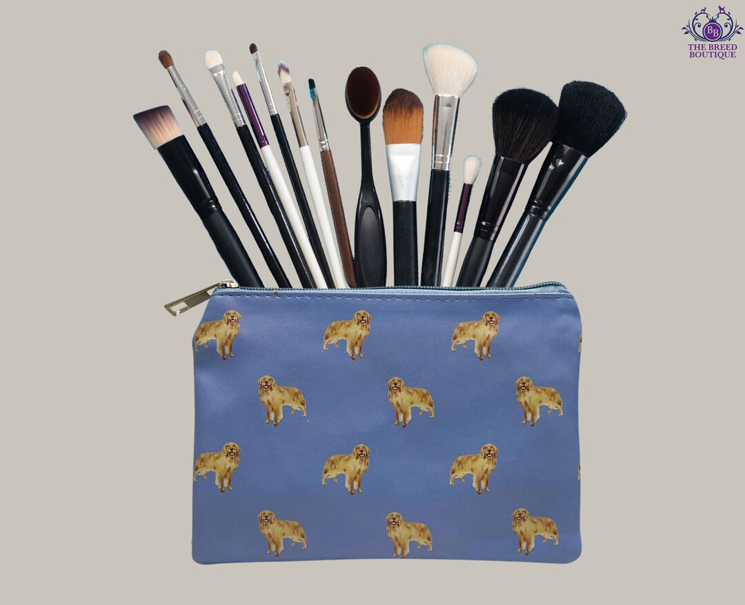 Golden Retriever Print Makeup Bag Blue Wipeable PU Cosmetic Pouch With ...
