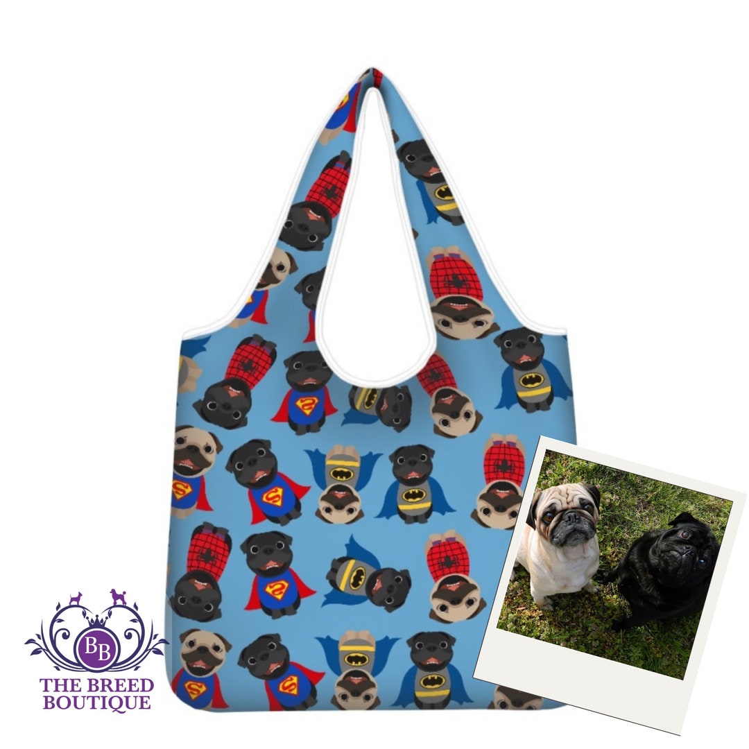 Pug Superhero Shopping Bag Foldable Washable Fun Pug Bag Black Pug Fawn ...