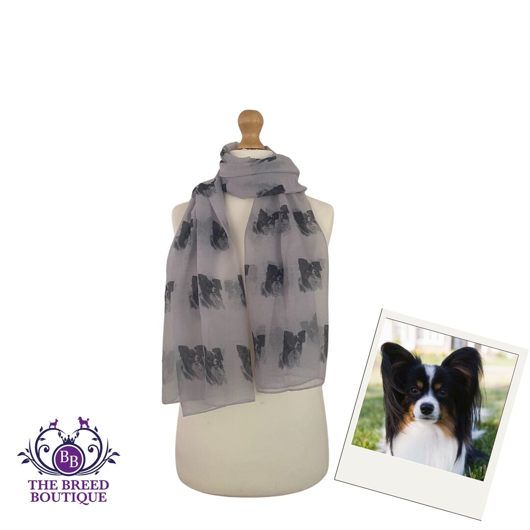 Papillon Scarf Ladies Dog Print Papillon Shawl Wrap Grey Papillon Gift ...
