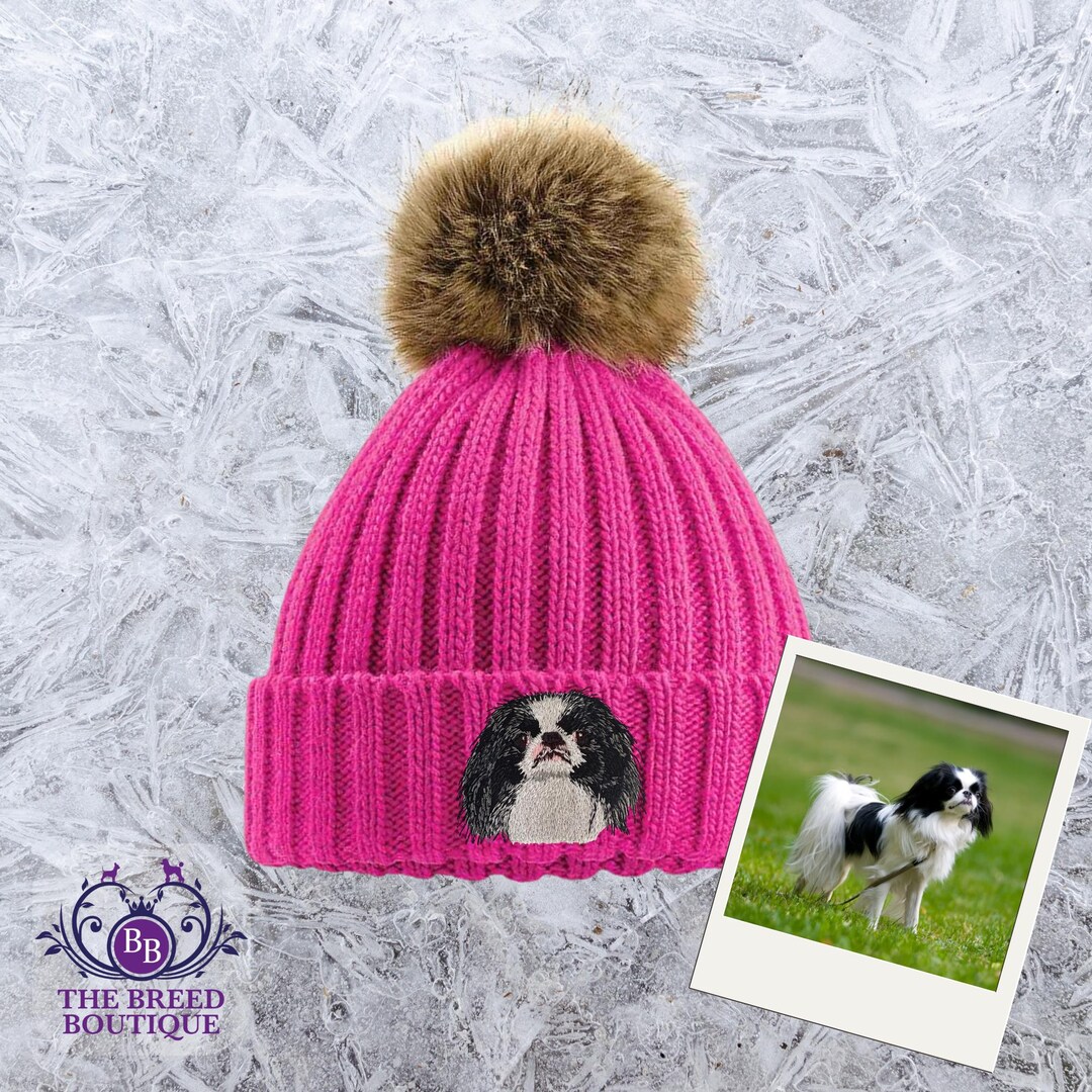 Japanese Chin Dog Pom Pom Beanie - Embroidered Acrylic Hat, Gift Boxed ...