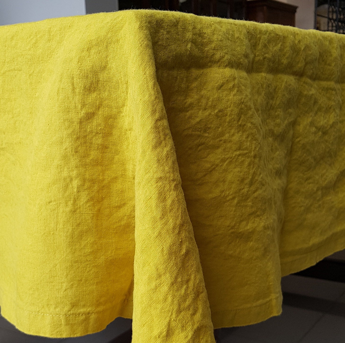Individual Order Yellow Linen Tablecloth: Softened Chartreuse Round ...
