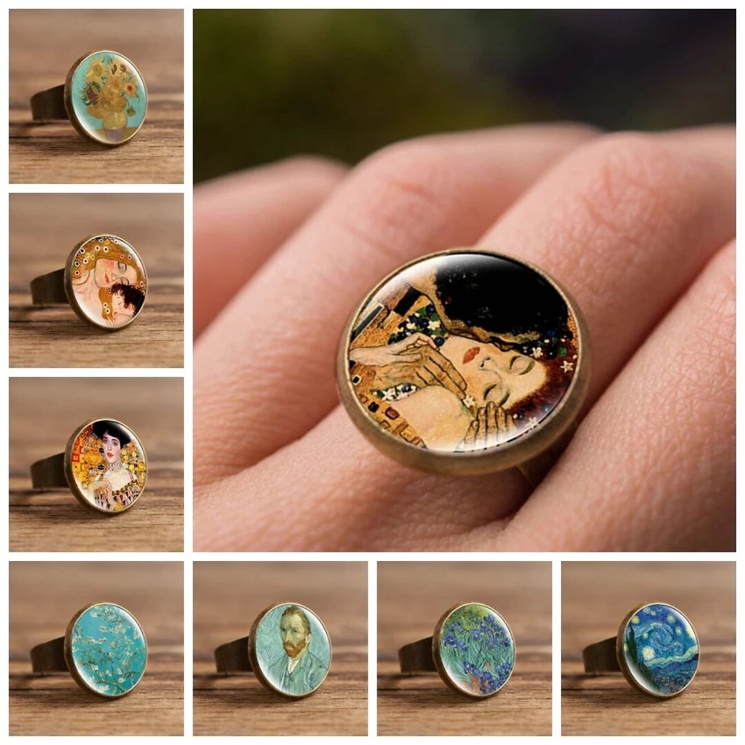 Fashion Kiss Klimt Starry Night Dome Glass Art Picture Ring - Etsy