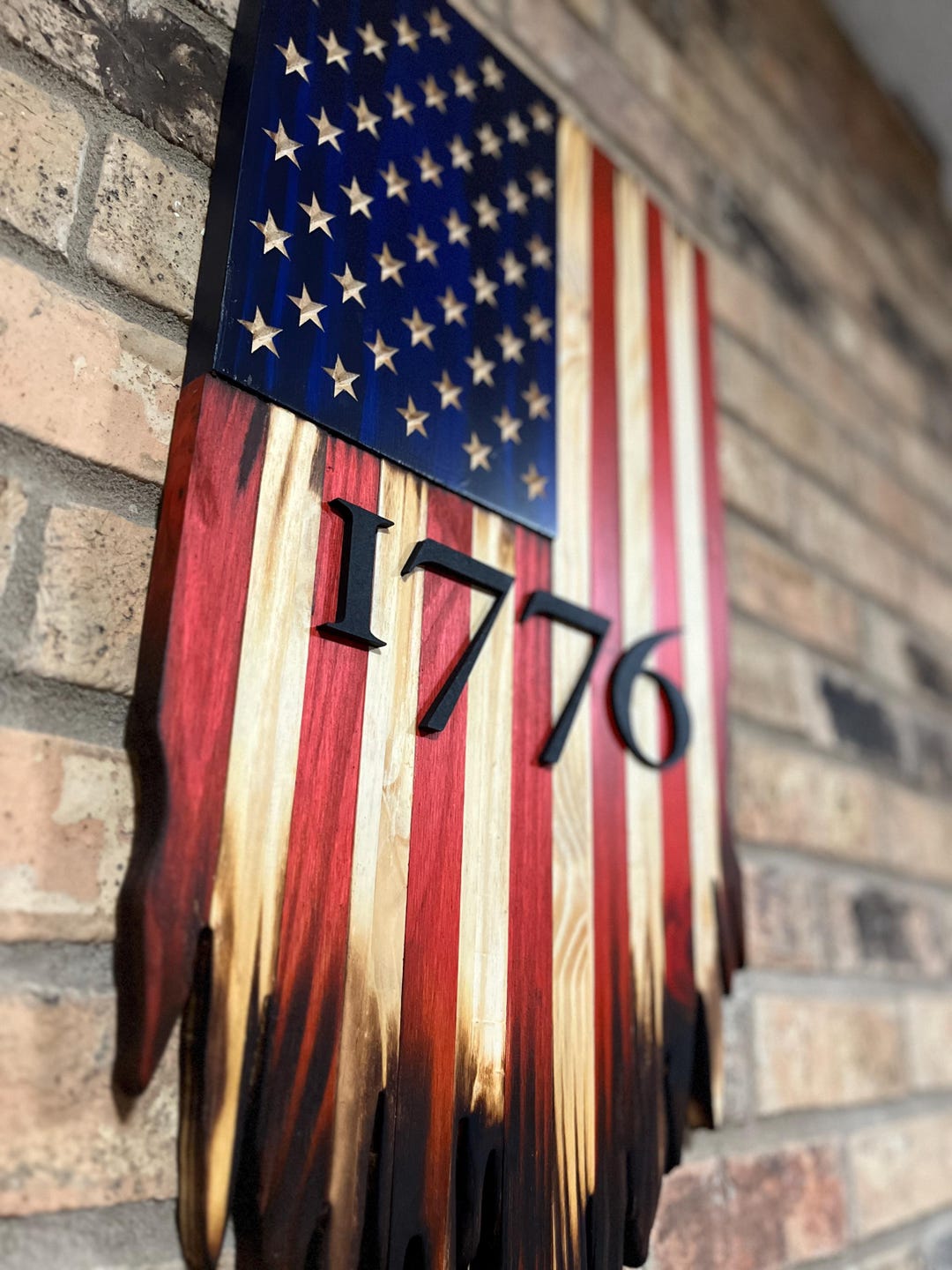 Vertical Hanging Rustic Tattered Wooden American Flag With 1776 Inlayed ...