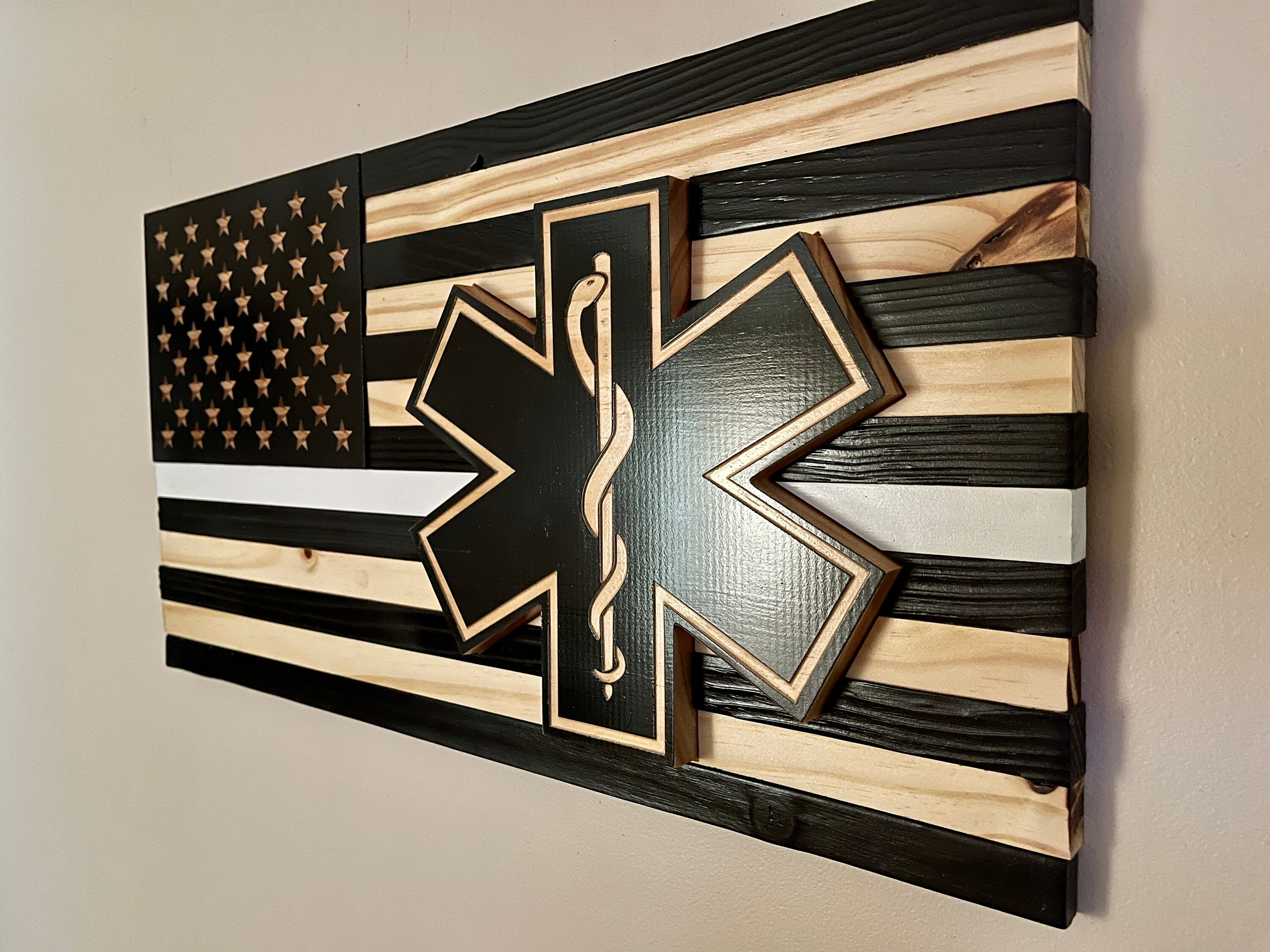 First Responder Thin White Line Wooden American Flag | Etsy