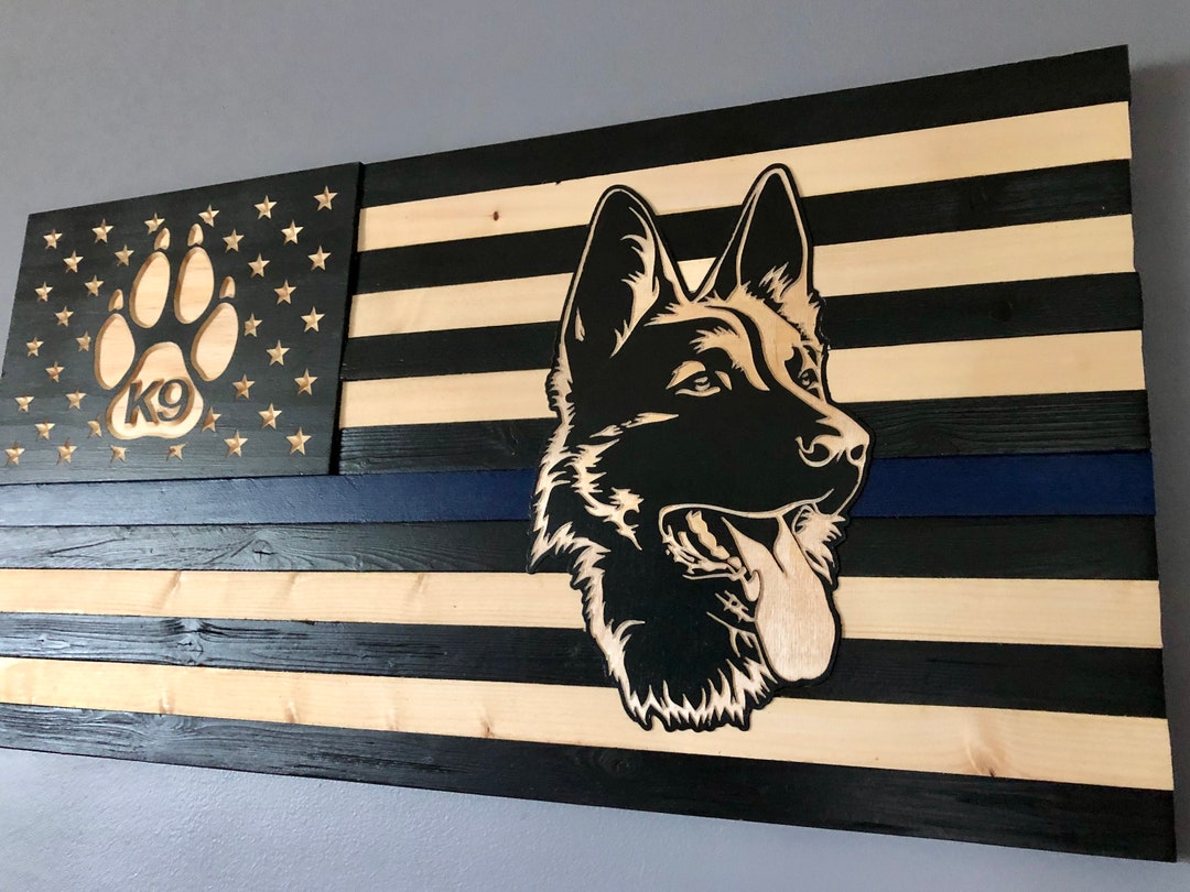 K9 Thin Blue Line Wooden American Flag Wall Decor Medium or Large - Etsy