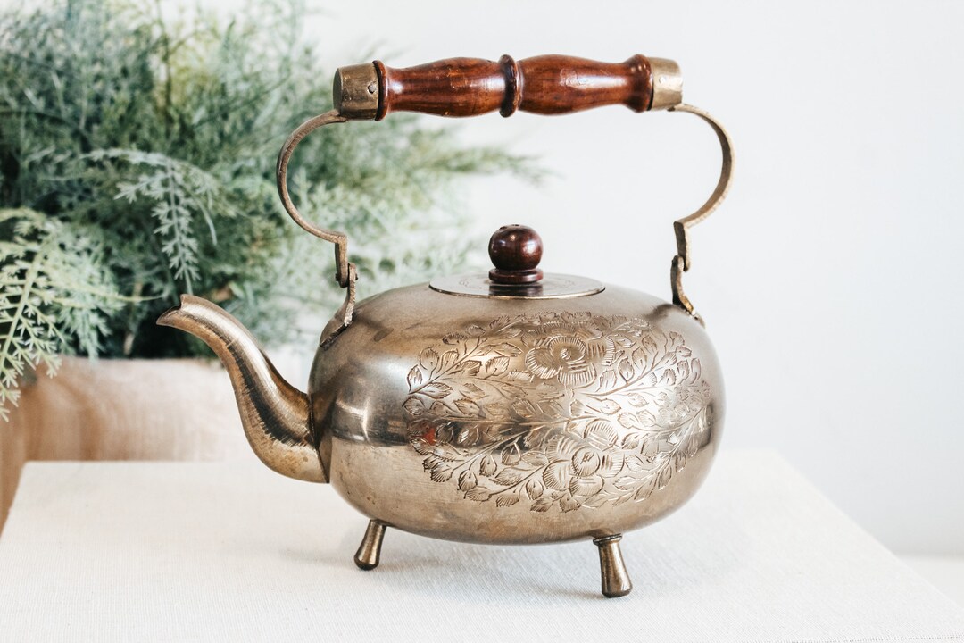 Vintage Etched Brass Coffee Tea Kettle With Lid and Wood Handle | 5x8 ...