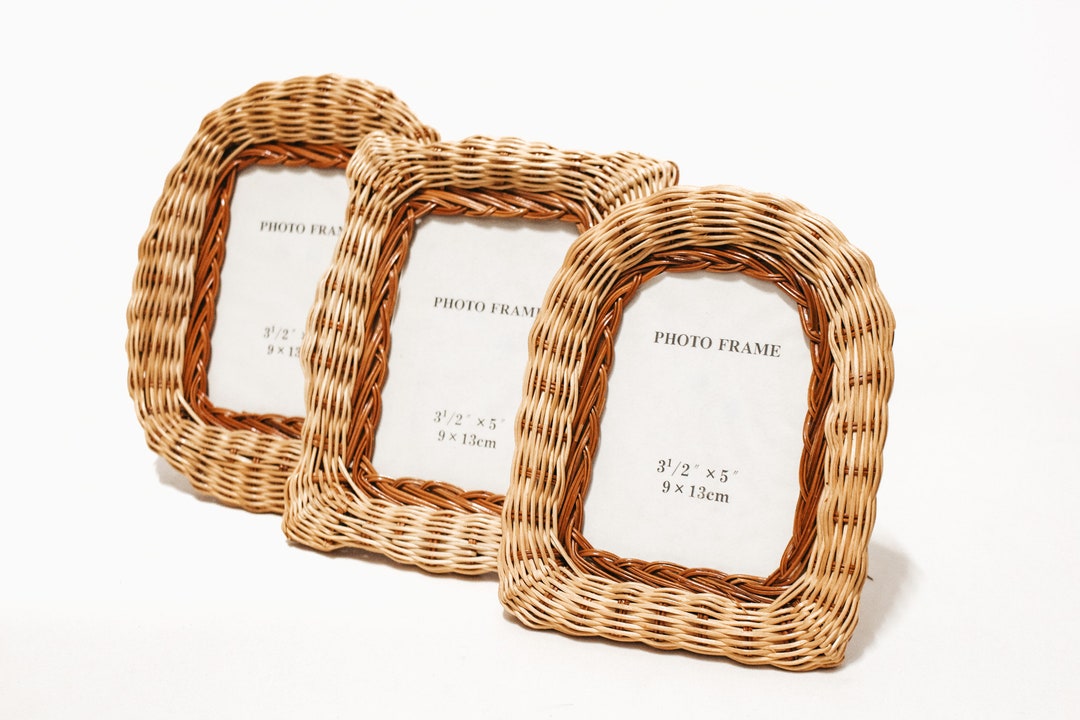 Vintage Wicker and Wood Photo Frame With Stand and Glass Minimalist ...