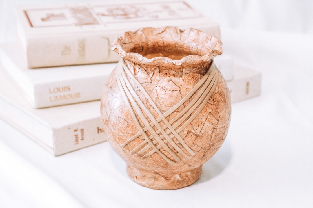 Vintage Handmade Paper Mache Pottery Neutral Accent Vessel With Leather ...