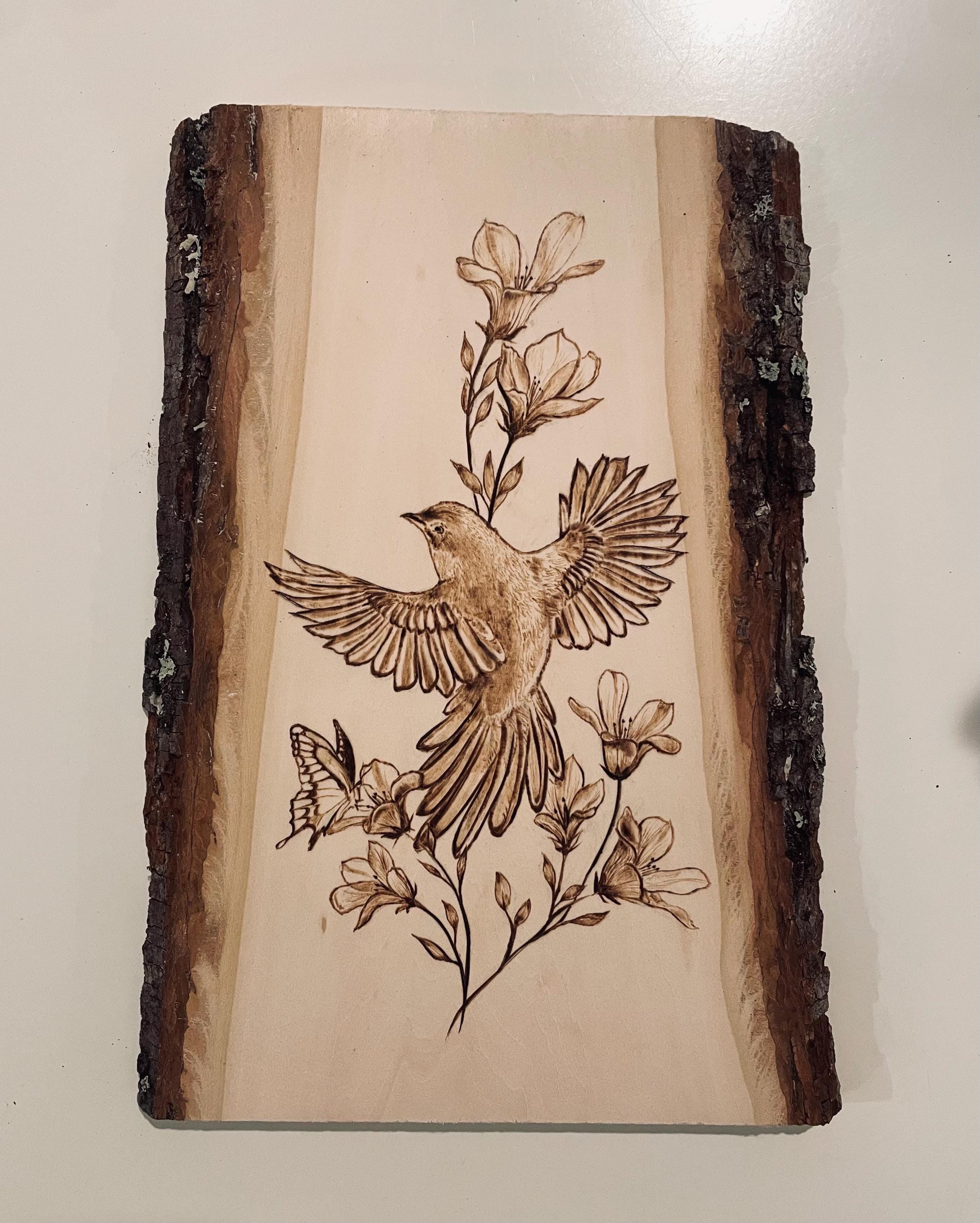 Handcrafted Woodburning of a Bird With Floral Elements - Rustic Art on ...