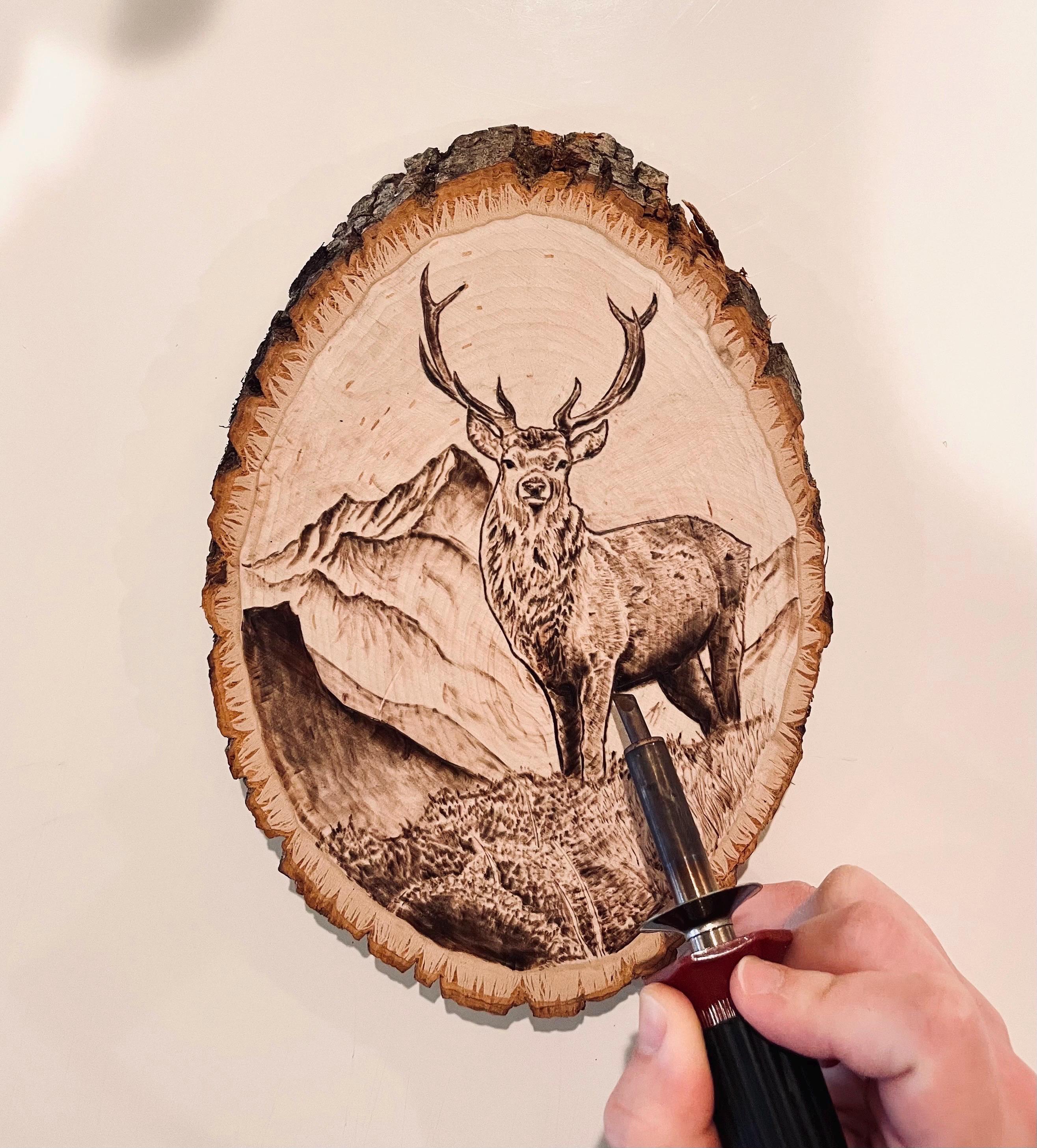 Handcrafted Woodburning of an Elk in the Mountains - Rustic Nature Art ...