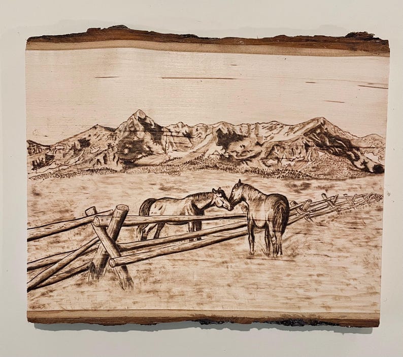 Handcrafted Western Landscape Woodburning - Horses and Mountain Scene ...