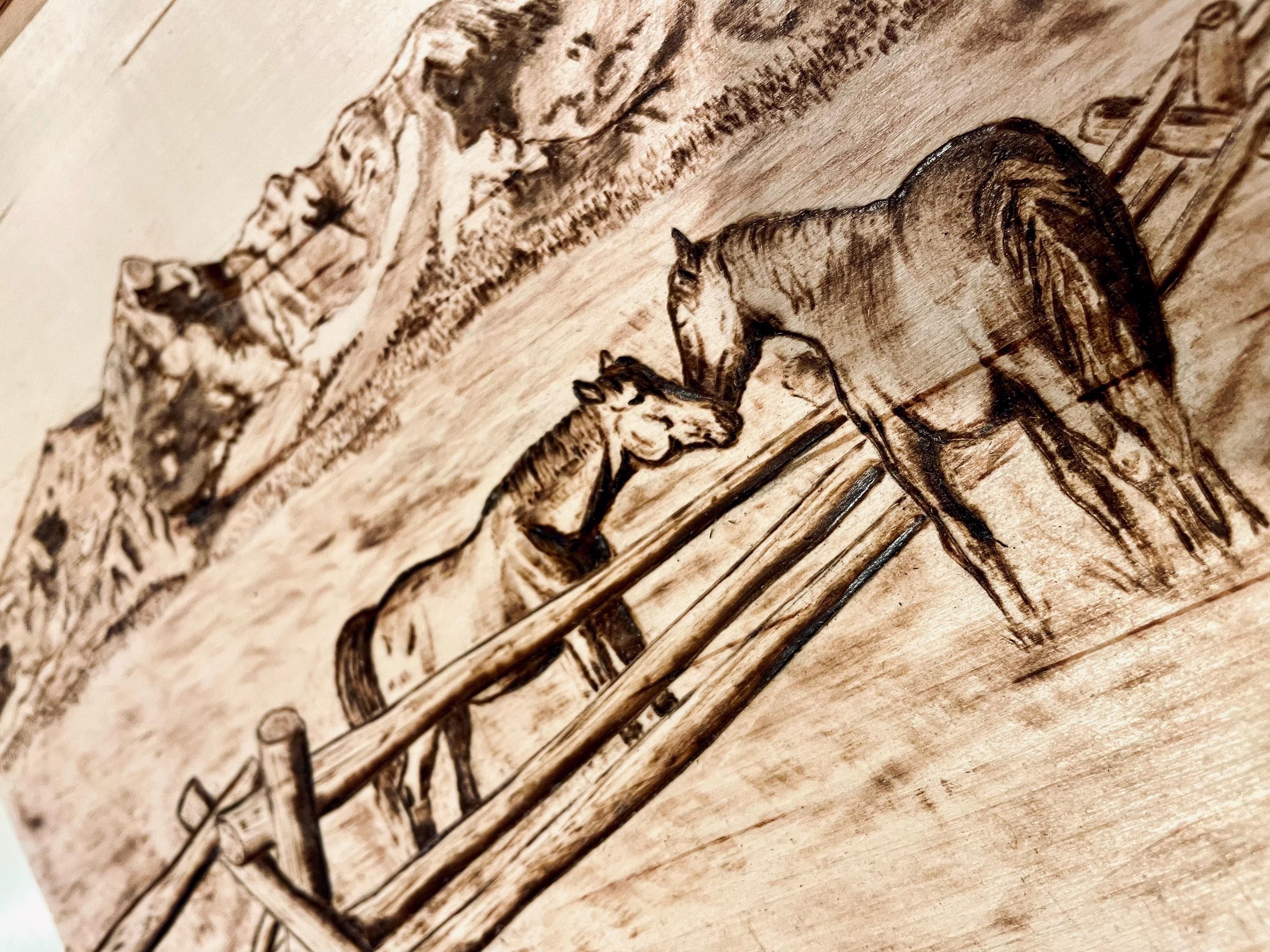 Handcrafted Western Landscape Woodburning - Horses and Mountain Scene ...