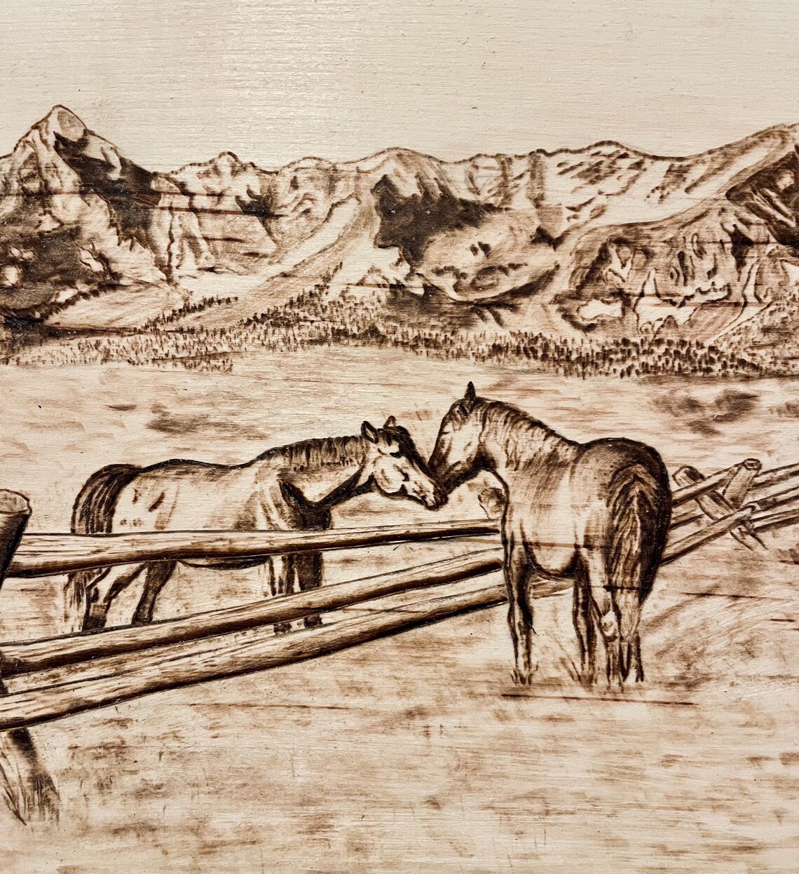 Handcrafted Western Landscape Woodburning - Horses and Mountain Scene ...