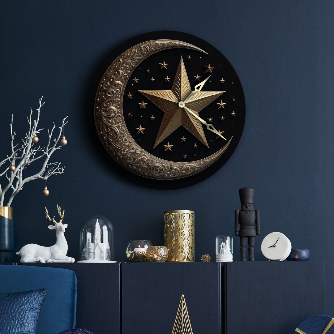 Crescent Moon Wall Clock, Moon and Star Clock, Celestial Wall Clock ...