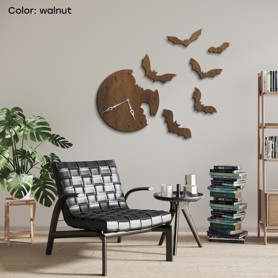 Bat Wall Clock Wooden, Halloween Wall Clock, Spooky Wall Clock ...