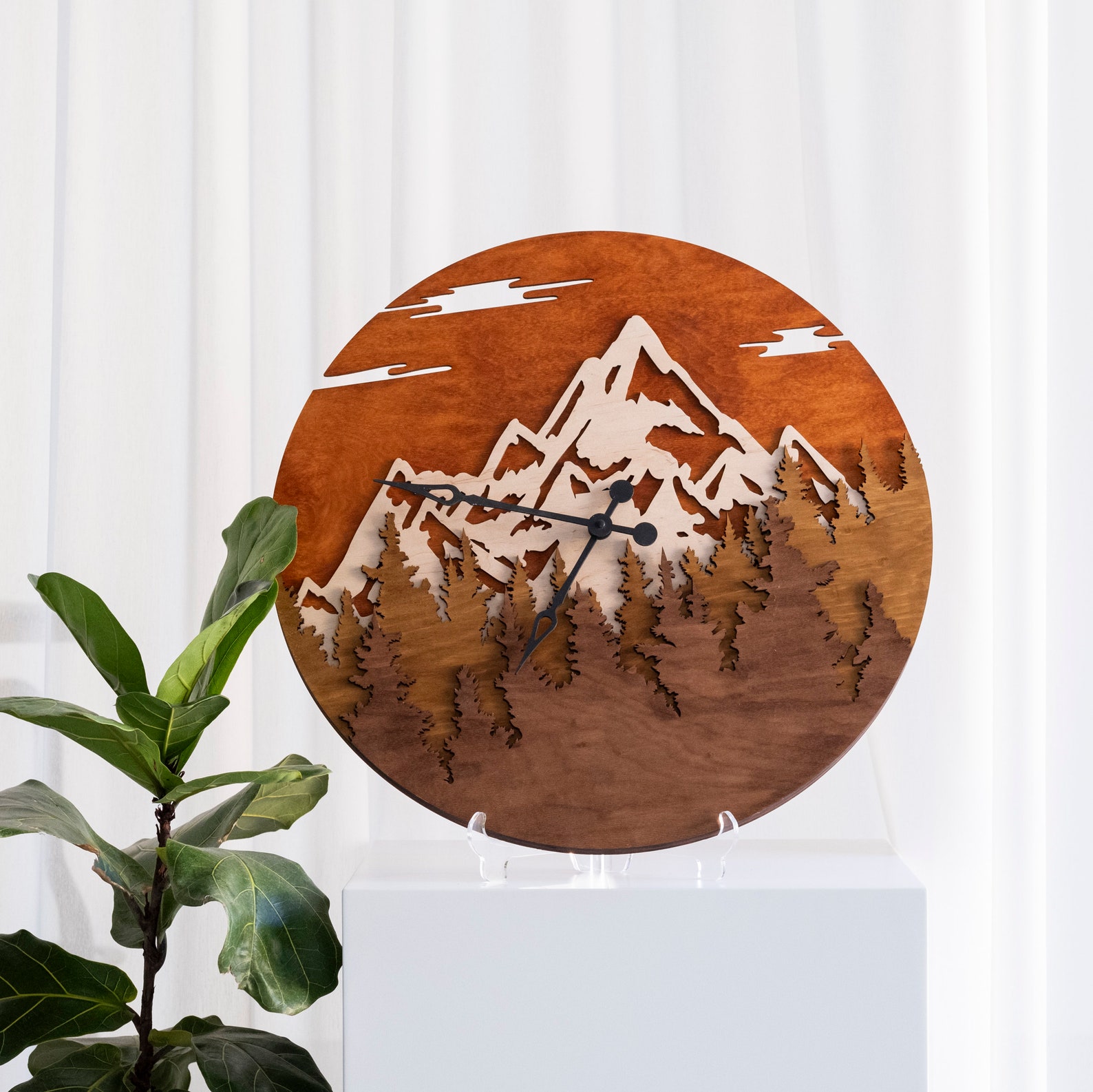 Wood Mountain Wall Clock, Wood Nature Wall Clock,handmade Wood Clock ...
