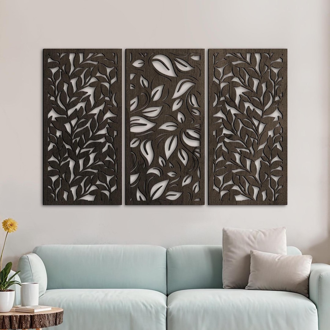 Wooden Botanical Art Set of 3, Tropical Leaf Wood Wall Art, Wood Leaf ...