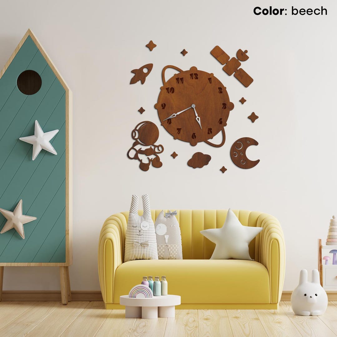 Kids Wall Clock Space, Wood Wall Clock, Moon Wall Clock, Astronaut ...