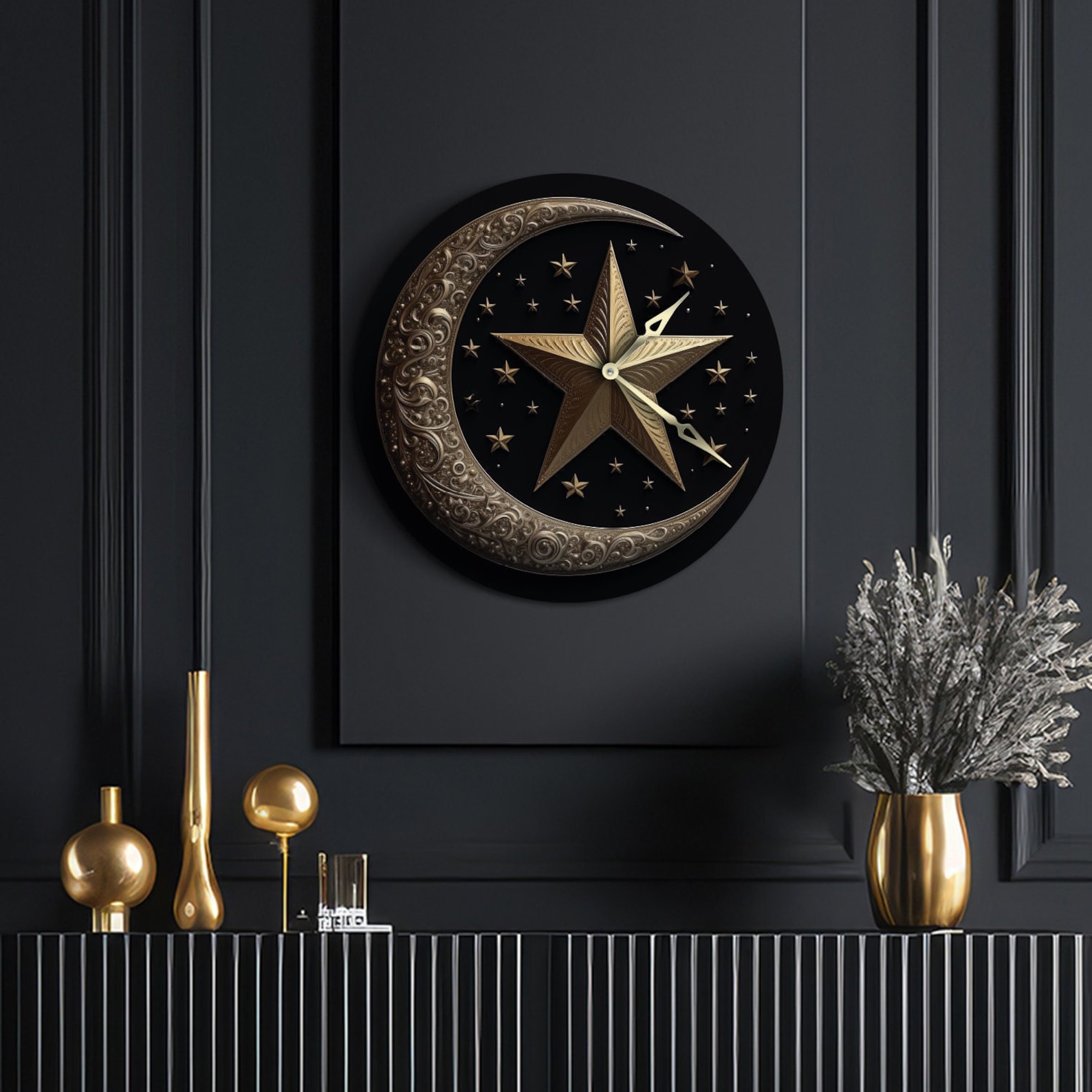 Crescent Moon Wall Clock, Star Clock, Celestial Wall Clock ...