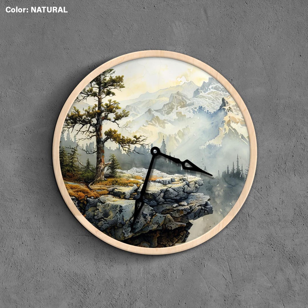 Wooden Mountain Wall Clock, Landscape Wall Clock, Forest Wall Clock ...
