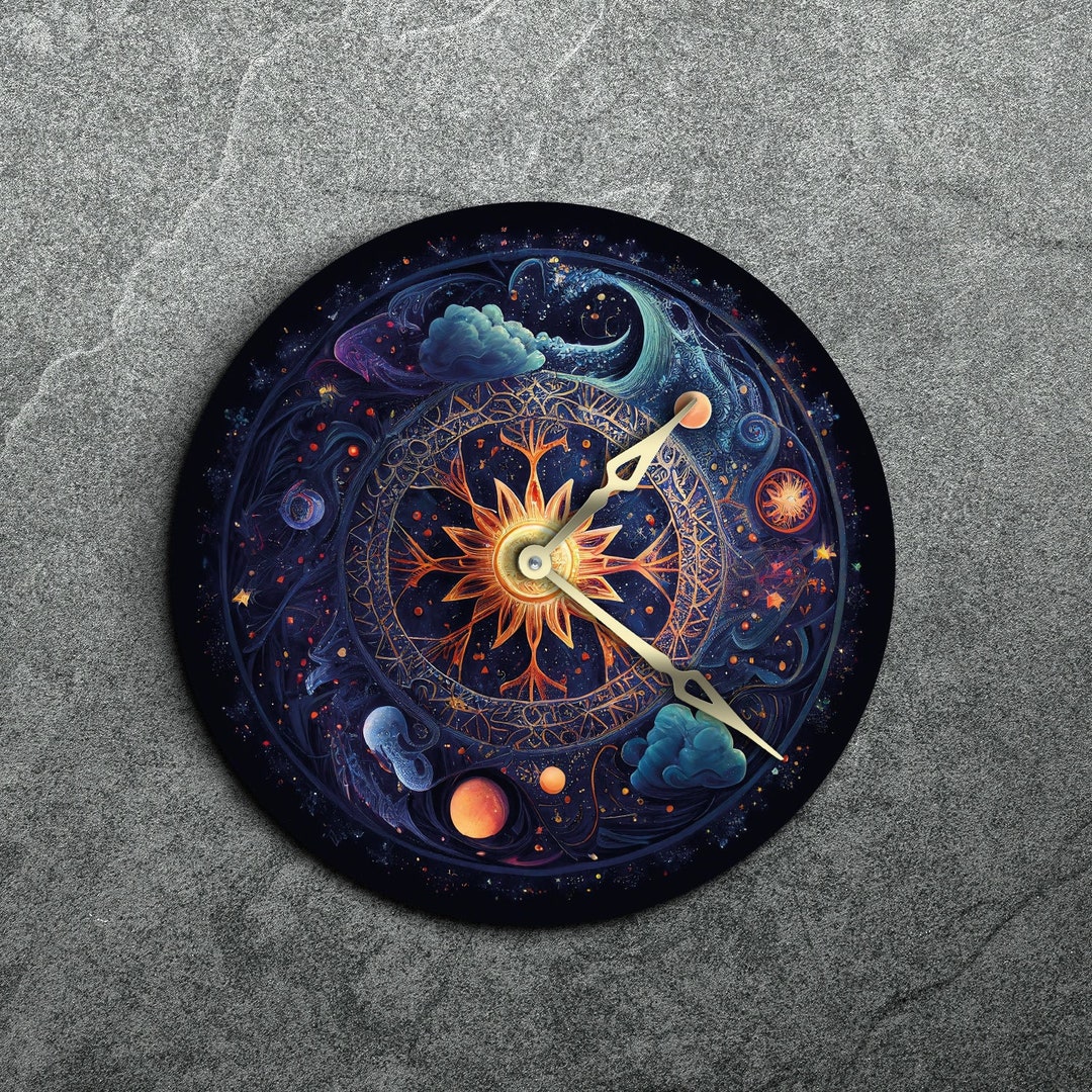Space Wall Clock Wood, Sun and Moon Wall Clock, Planet Wall Clock, Star ...