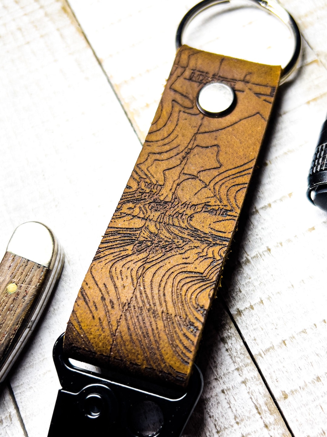 Custom Topographic Map Leather Keychain Edc Gear W/ HK Style Clip Gift ...