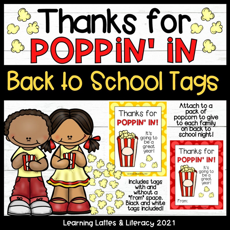 Popcorn Gift Tags: Back to School, 'thanks for Poppin' In' (digital ...