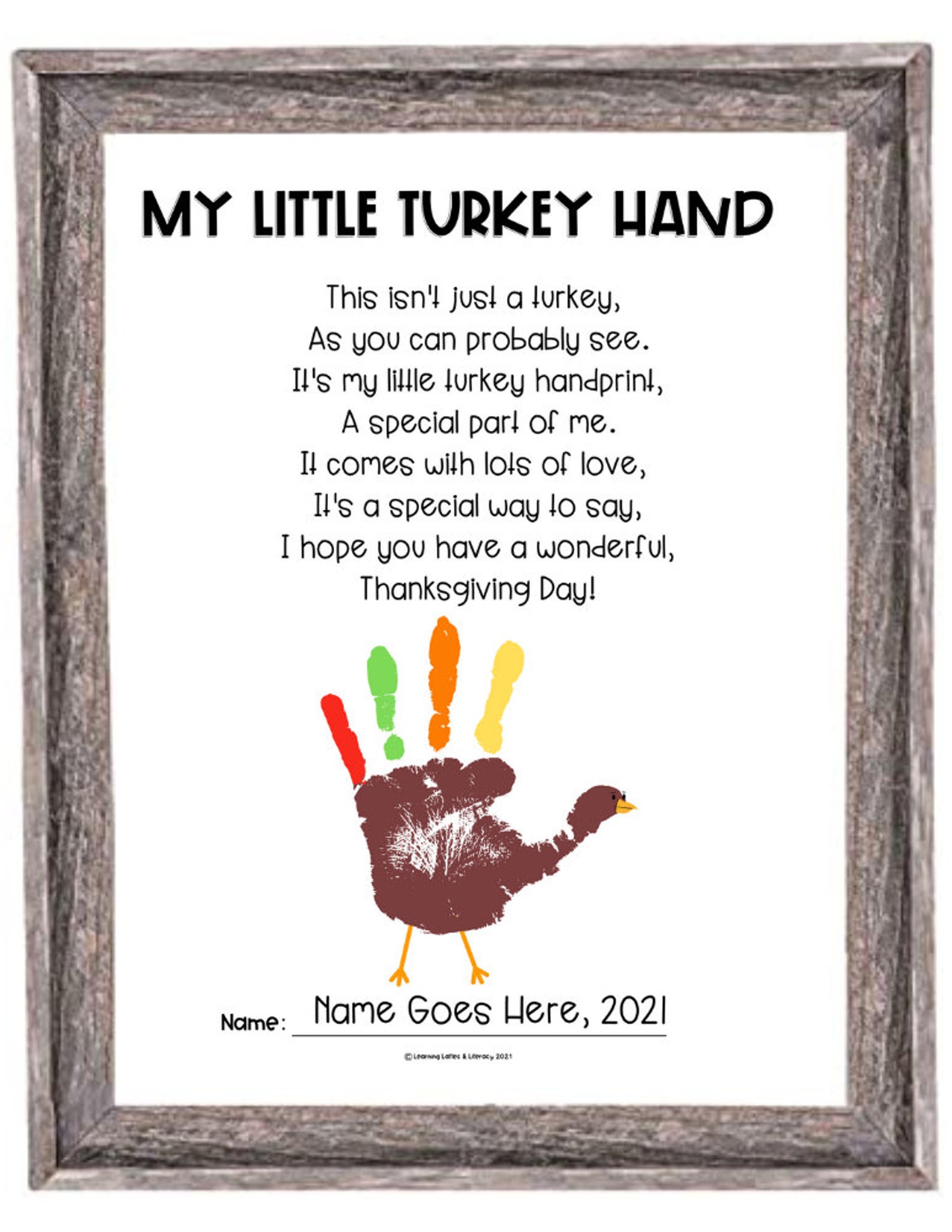 Turkey Handprint Poem Template Craft Thanksgiving November Instant ...