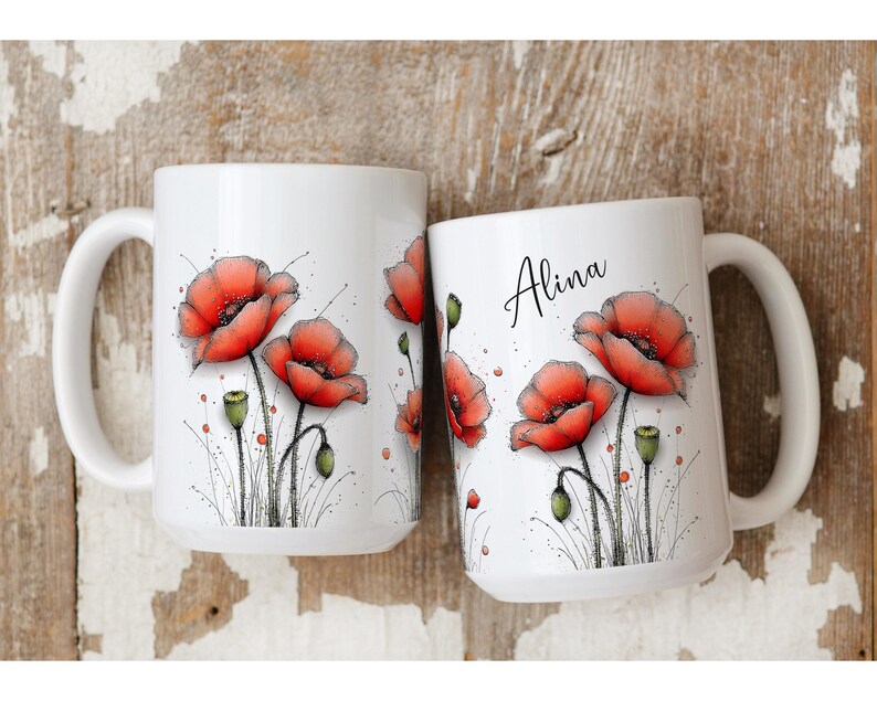 August Birth Flower Mug | Poppy Mug With Name | Watercolor Floral Mug ...