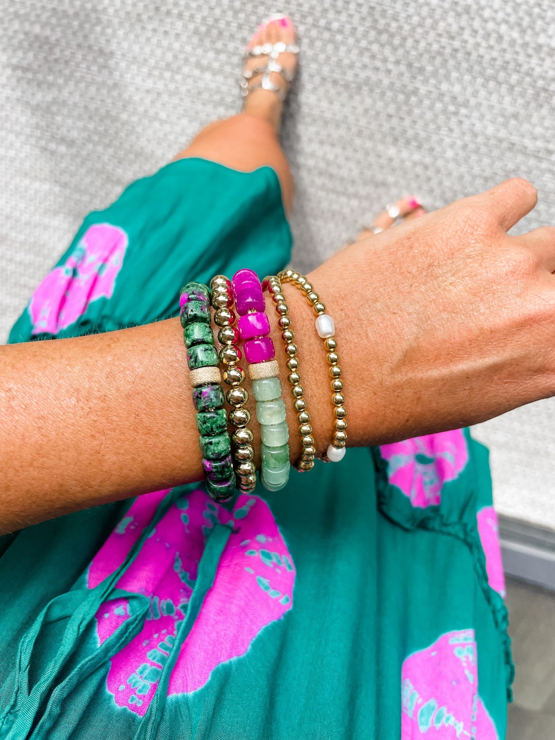 Purple Rhodonite and Green Aventurine Gemstone Bracelet | Gemstone Pony ...