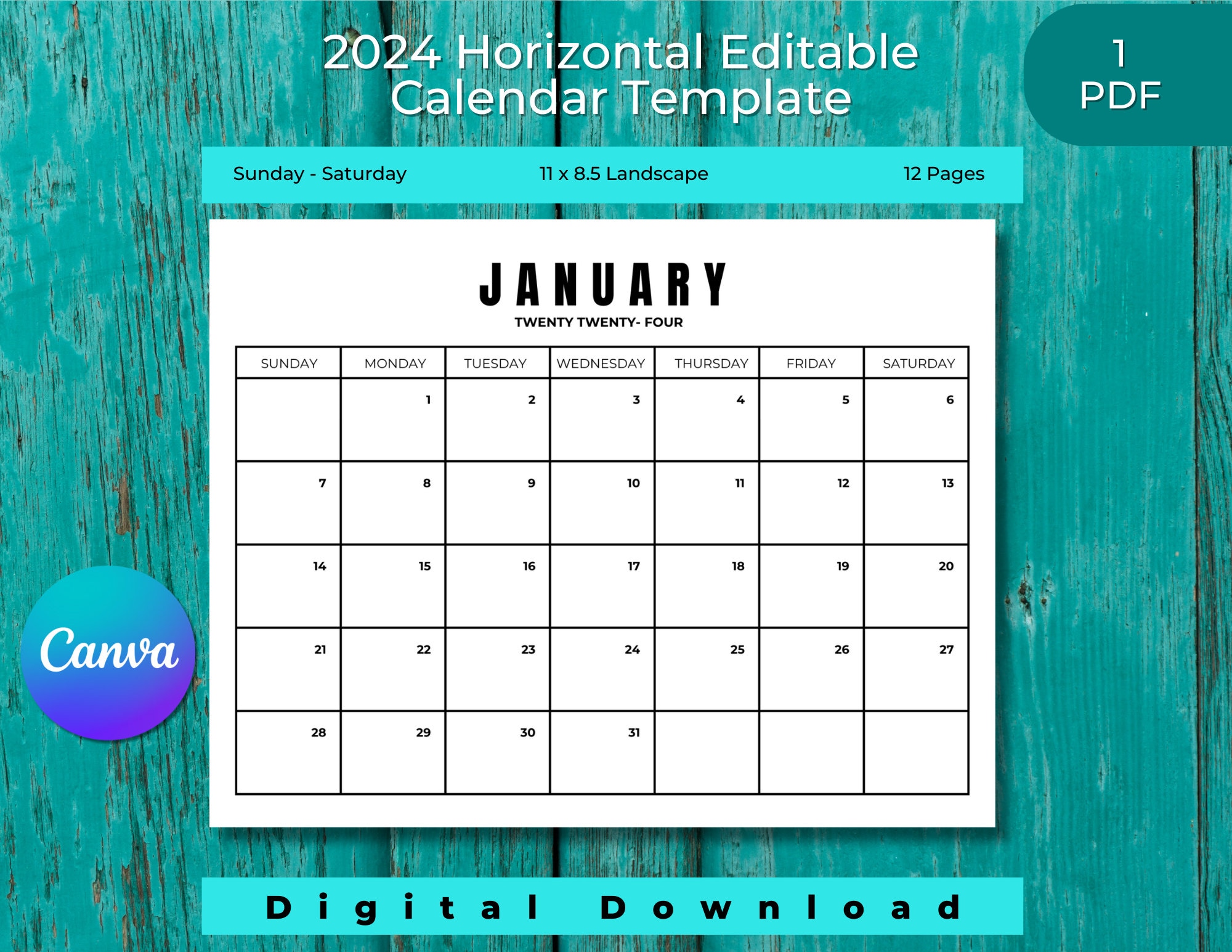 2024 Horizontal Editable Calendar Canva Template Instant Download ...