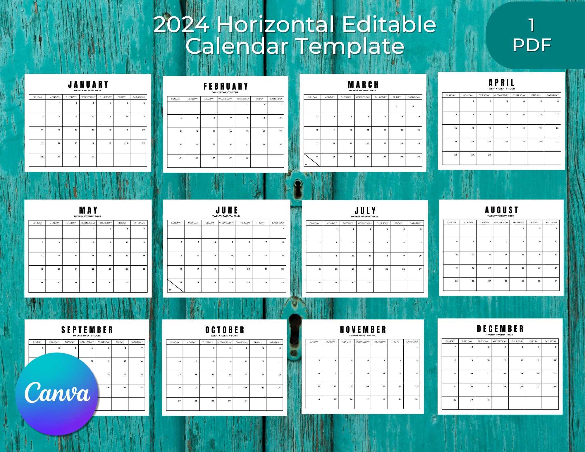 2024 Horizontal Editable Calendar Canva Template Instant Download ...