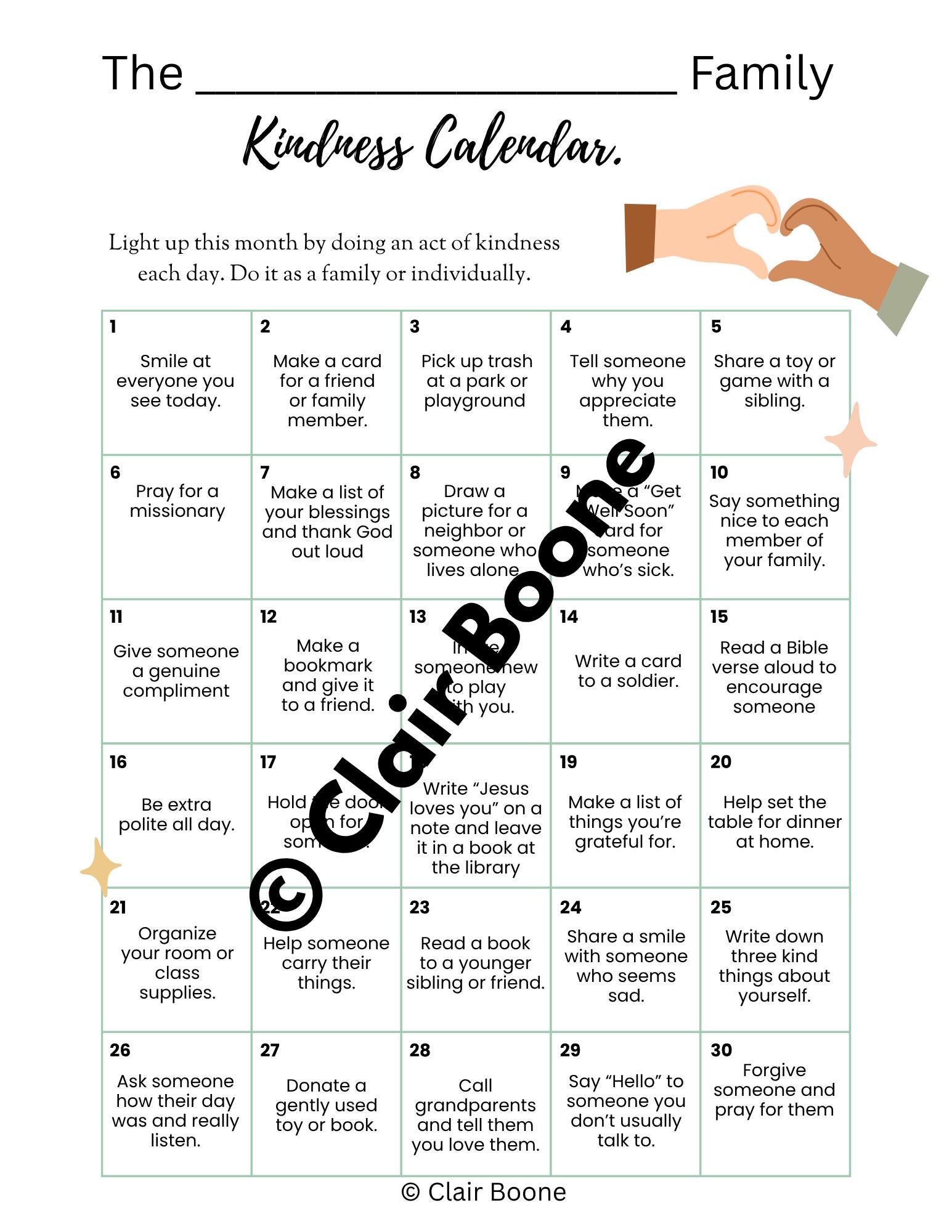 Family Acts of Kindness Calendar Printable | 30-day Kindness Challenge ...