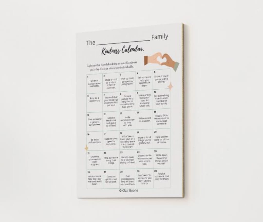 Family Acts of Kindness Calendar Printable | 30-day Kindness Challenge ...