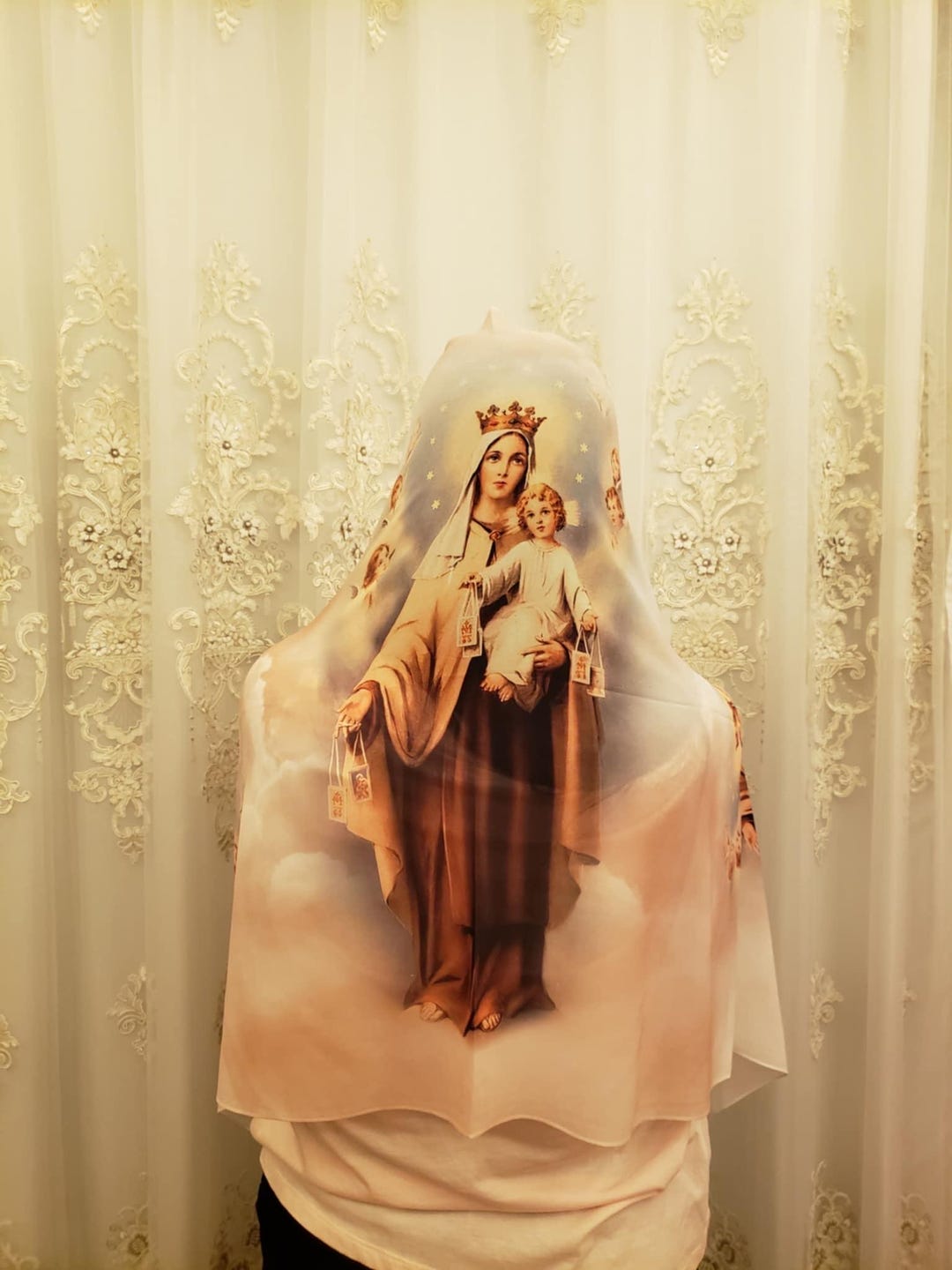 Our Lady of Carmel Mountain and Baby Jesus Scarf Madonna Scarf / White ...