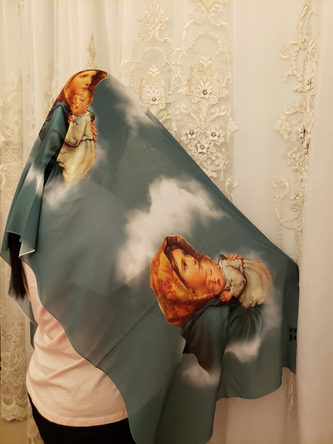 Virgin Mary and Baby Jesus Scarf Madonna Scarf / White Scarf/ Green ...