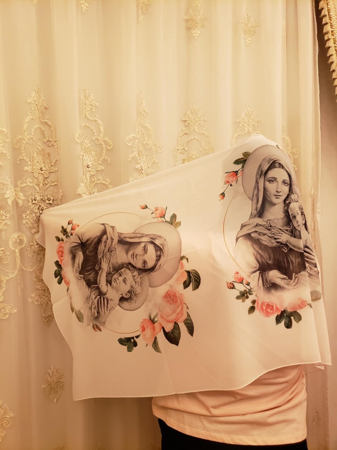 Virgin Mary and Baby Jesus Scarf Madonna Scarf / White Scarf/ Green ...