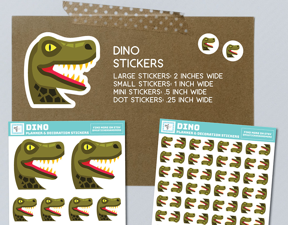 Dino Stickers, Dinosaur, T Rex, Paper Stickers, Mini, Small, Large ...