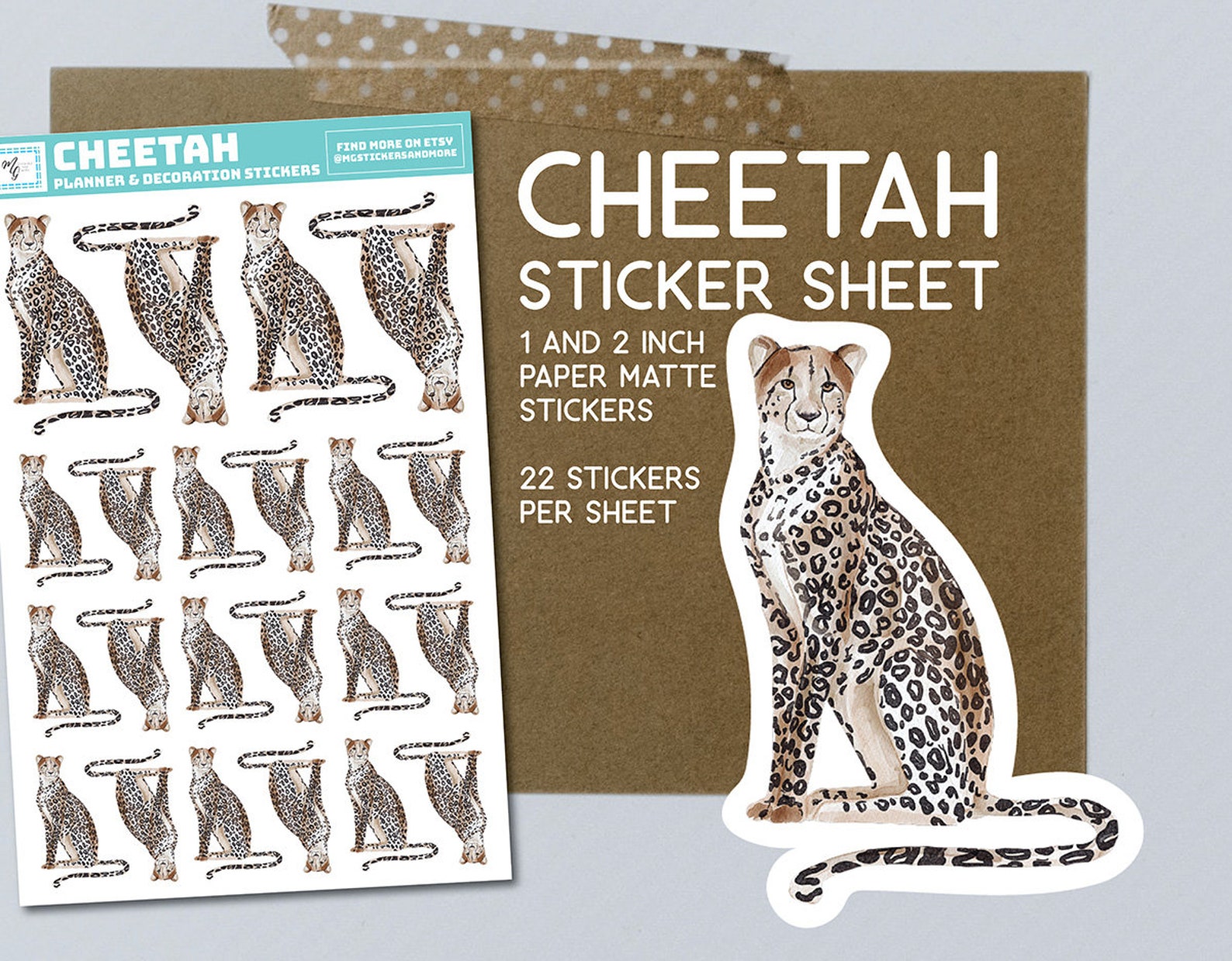 Gepard StickerBogen, Papier matte Sticker, Geparden, Tiere, Zoo, Safari ...