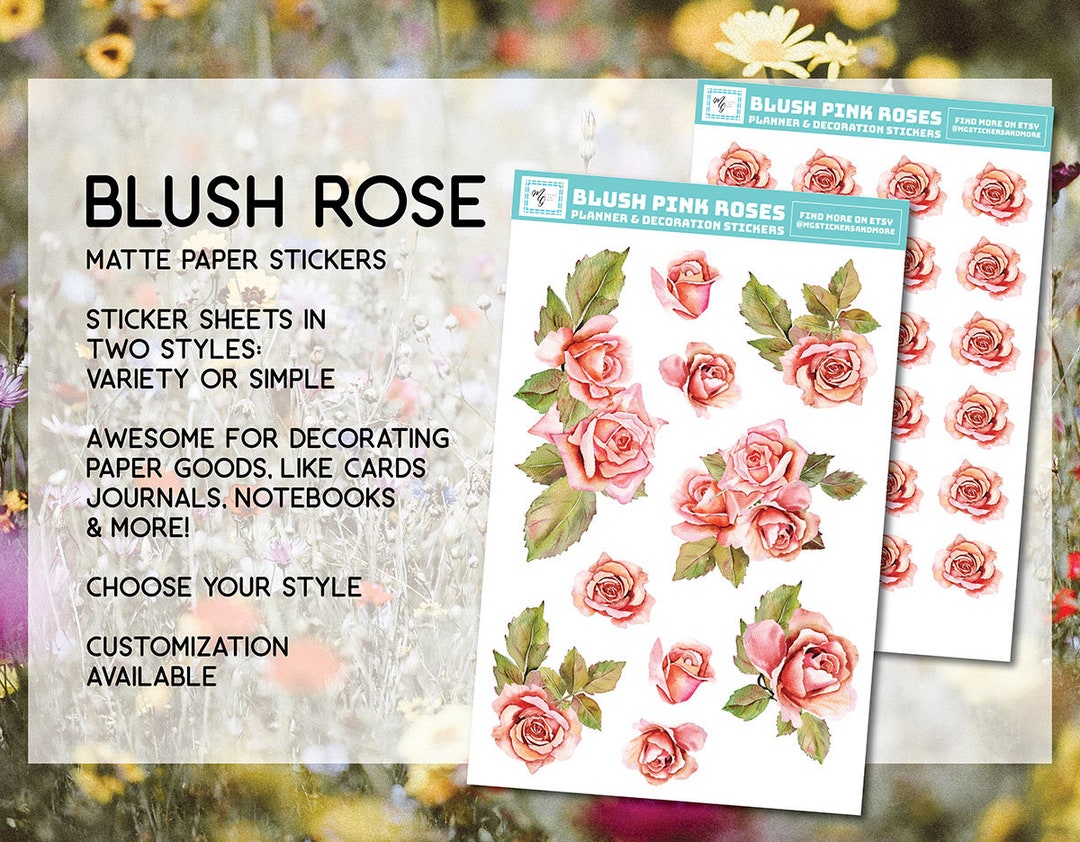 Pink Rose Sticker Sheet, Floral Stickers, Blush Rose, Roses, Garden ...
