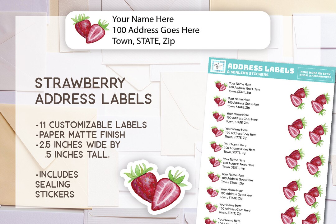 Address Labels, Strawberry Style, Custom, Paper Sticker Label, Bonus ...