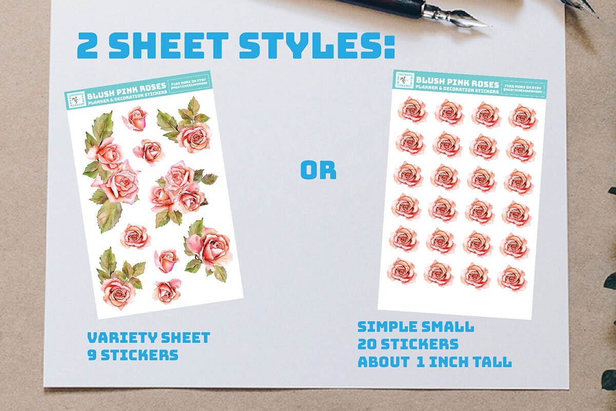 Pink Rose Sticker Sheet Floral Stickers Blush Rose Roses - Etsy