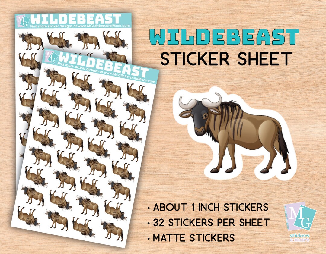 Wildebeest Sticker Sheet, Matte Stickers, Zoo, Animal Love, African ...