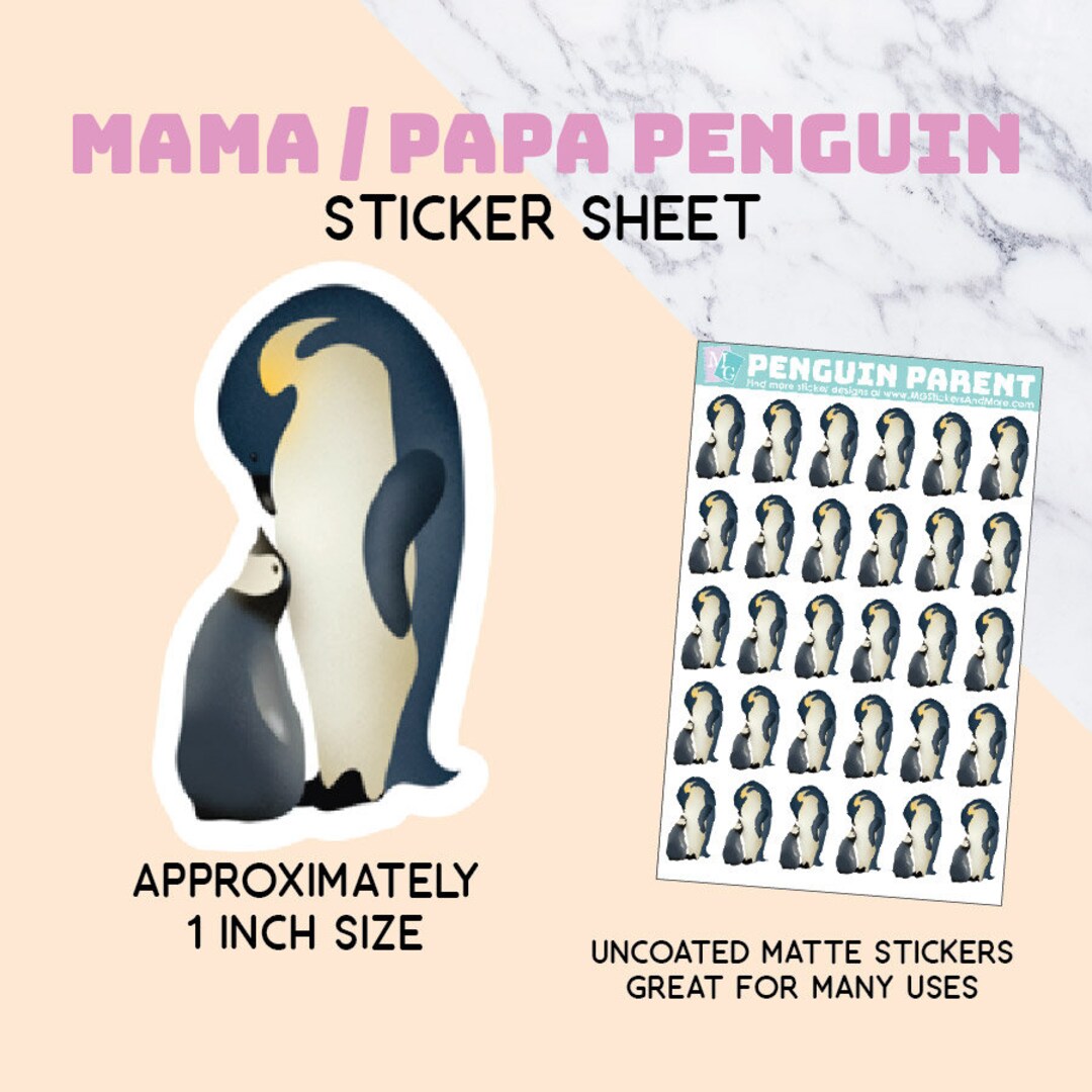 Penguin Parent Sticker Sheet, Mama, Papa, Baby Shower, Scrapbook ...